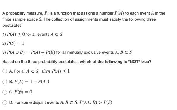 Solved A probability measure, P, is a function that assigns | Chegg.com