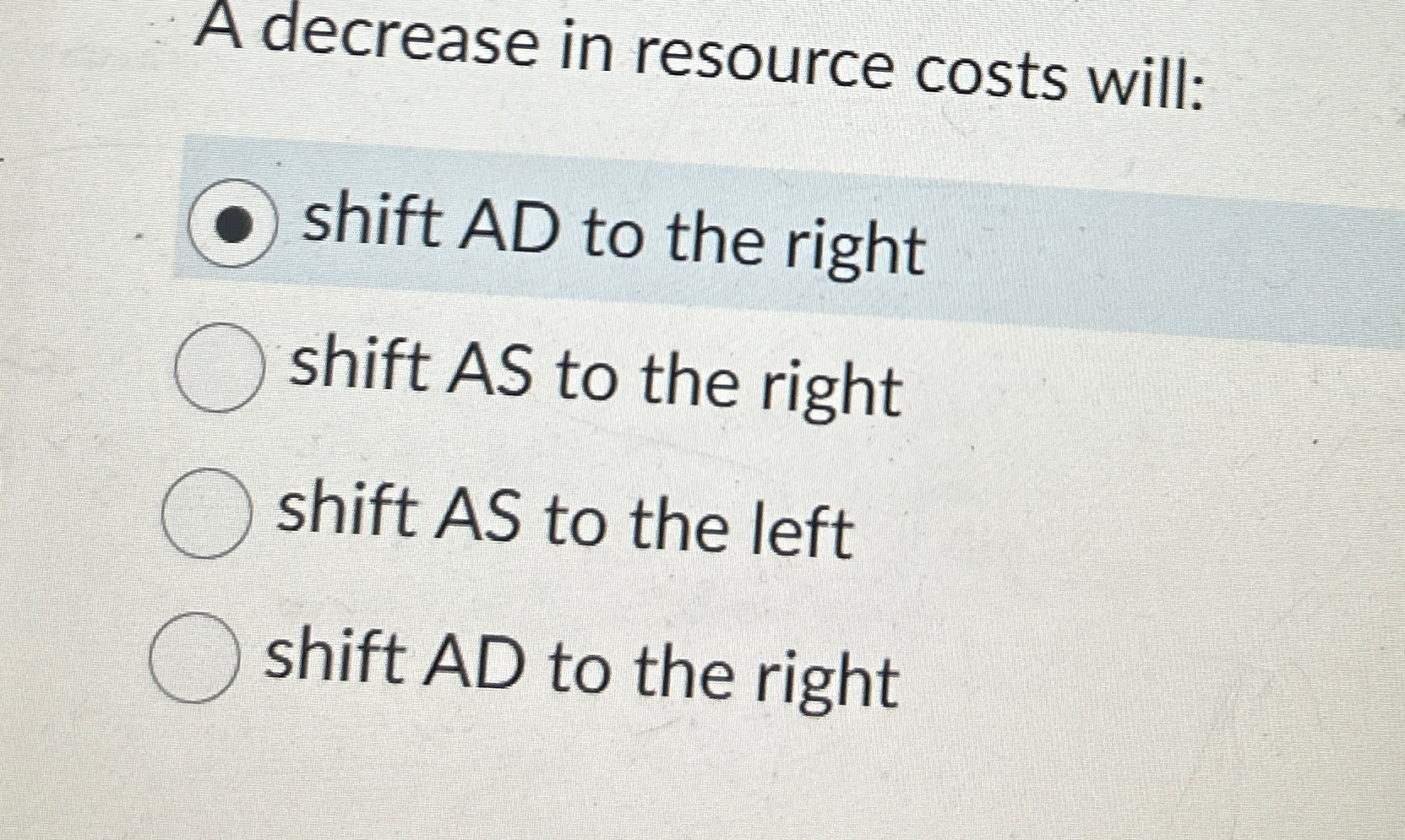 Solved A decrease in resource costs will:shift AD ﻿to the | Chegg.com