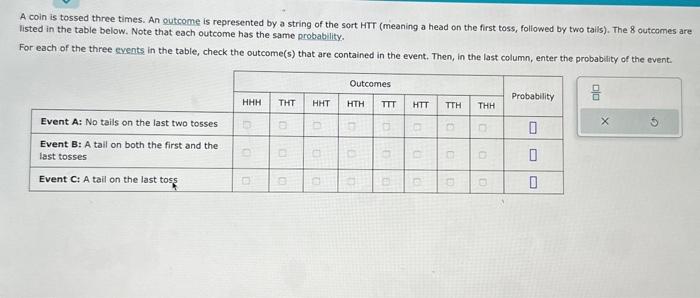 Solved A coin is tossed three times. An outcome is | Chegg.com