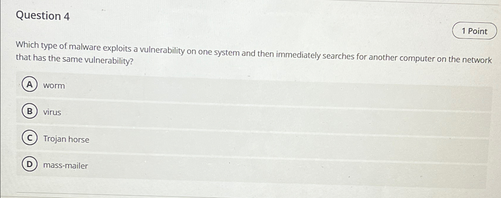 Solved Question 41 PointWhich type of malware exploits a | Chegg.com Solved Question 41 PointWhich type of malware exploits a | Chegg.com