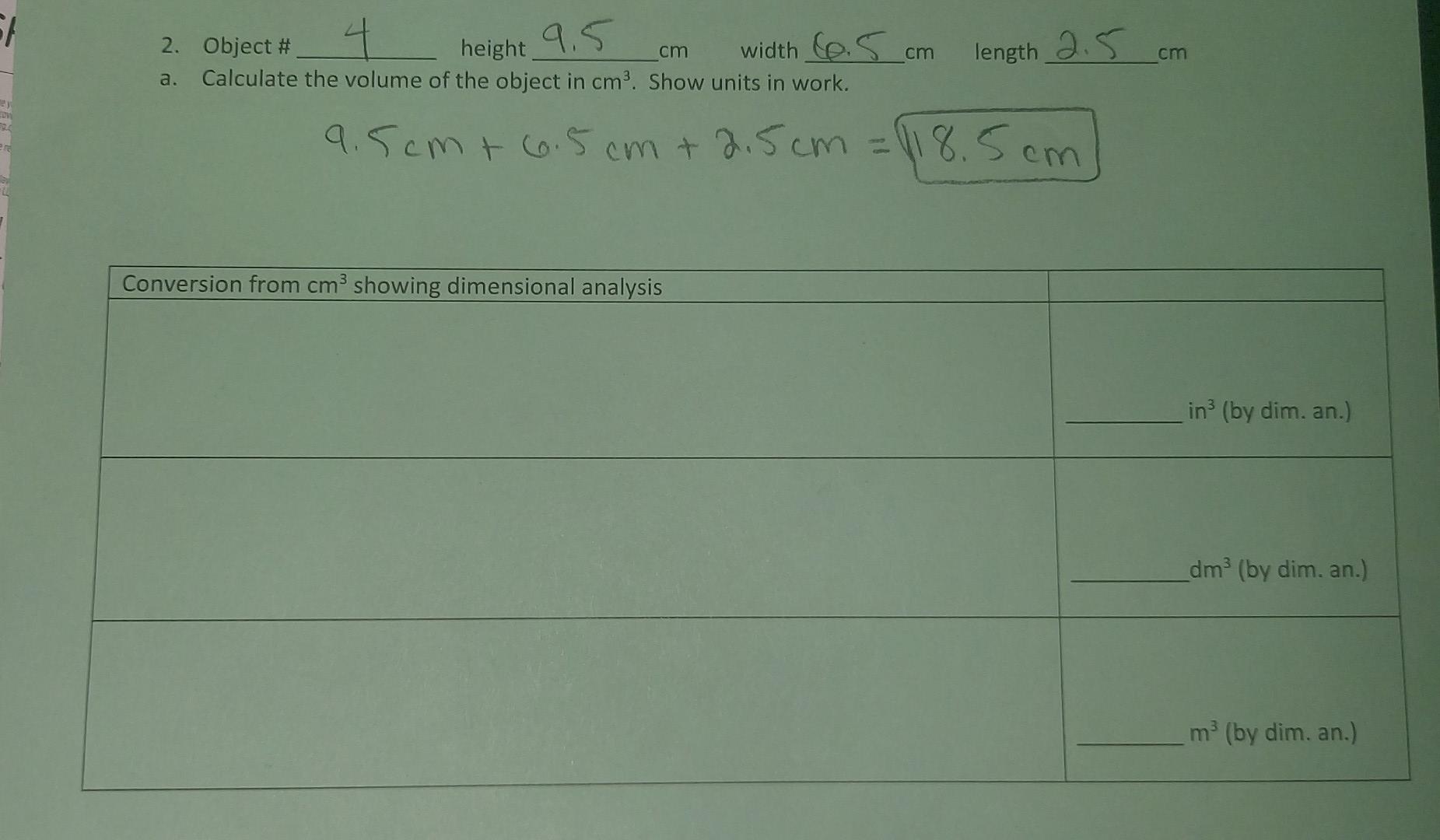 Solved 2. object \# 4 height 9.5 cm width 6.5 cm length 2.5 | Chegg.com