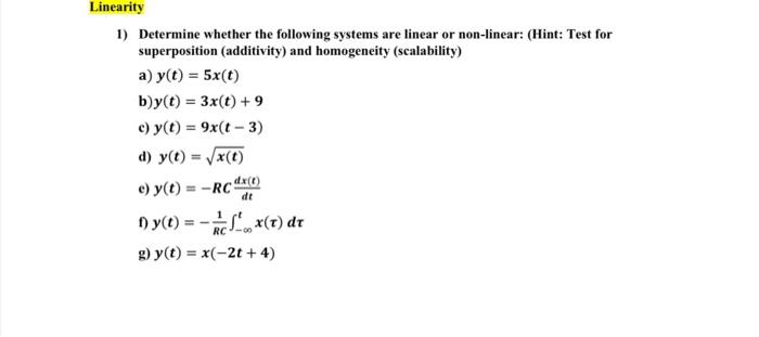 Solved 1) Determine whether the following systems are linear | Chegg.com