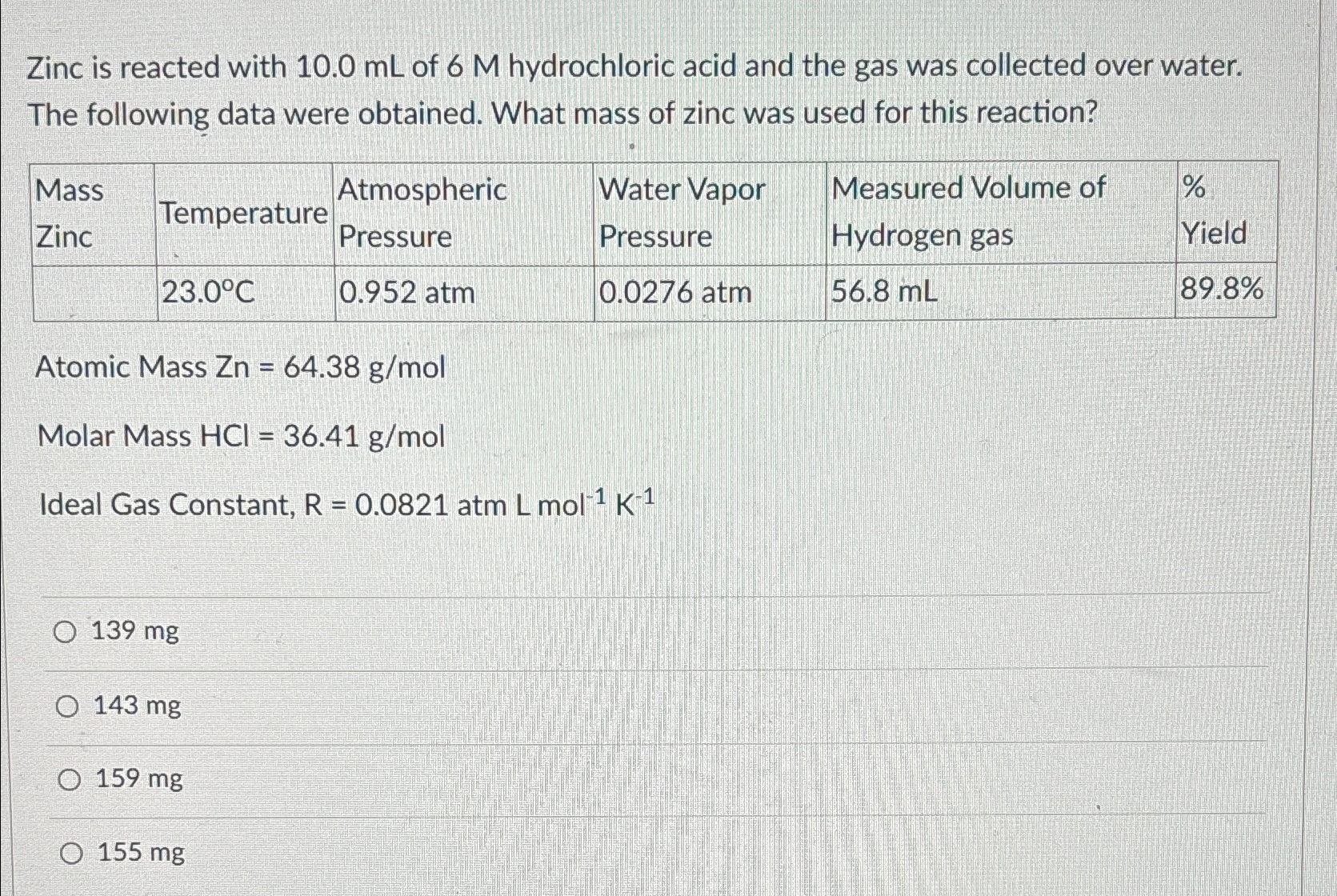 Solved Zinc is reacted with 10.0mL ﻿of 6M ﻿hydrochloric acid | Chegg.com