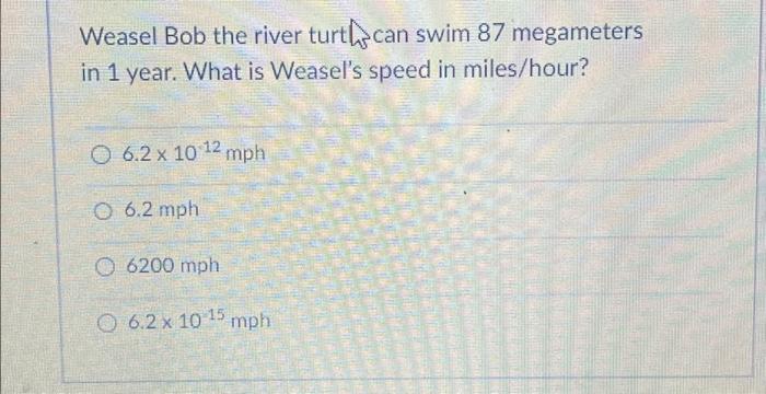Solved Weasel Bob the river turtcan swim 87 megameters in 1 | Chegg.com