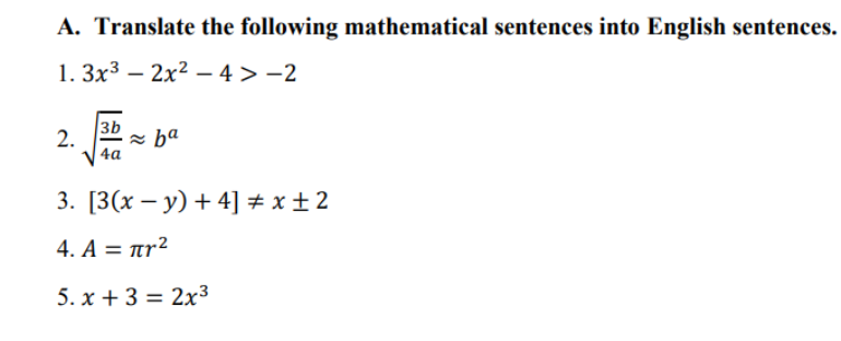 Solved A. Translate the following mathematical sentences | Chegg.com