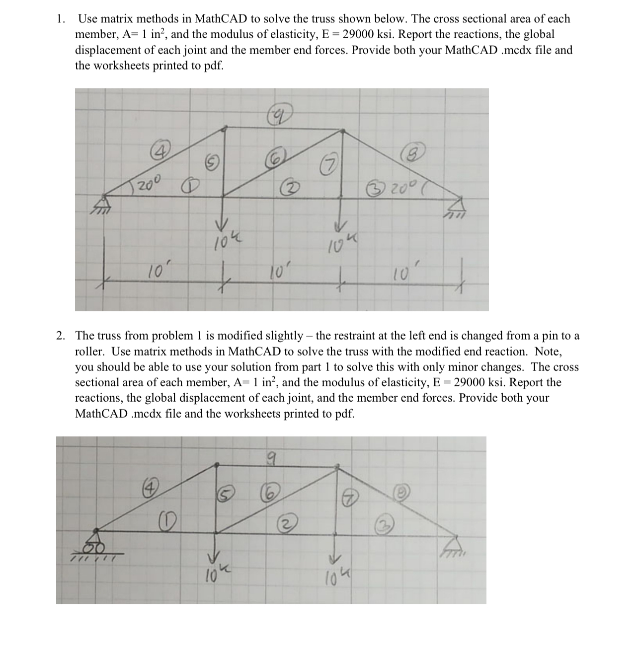 Solved Use matrix methods in MathCAD to solve the truss | Chegg.com