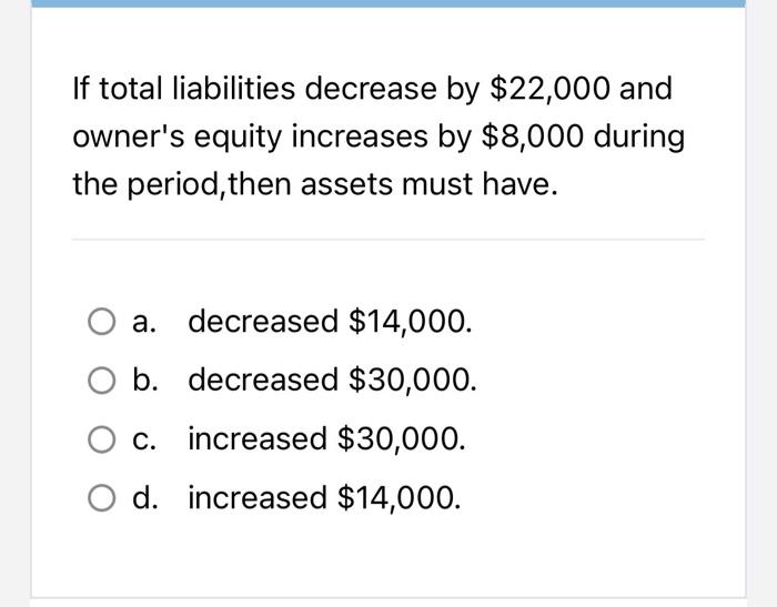 Solved If total liabilities decrease by $22,000 and owner's | Chegg.com