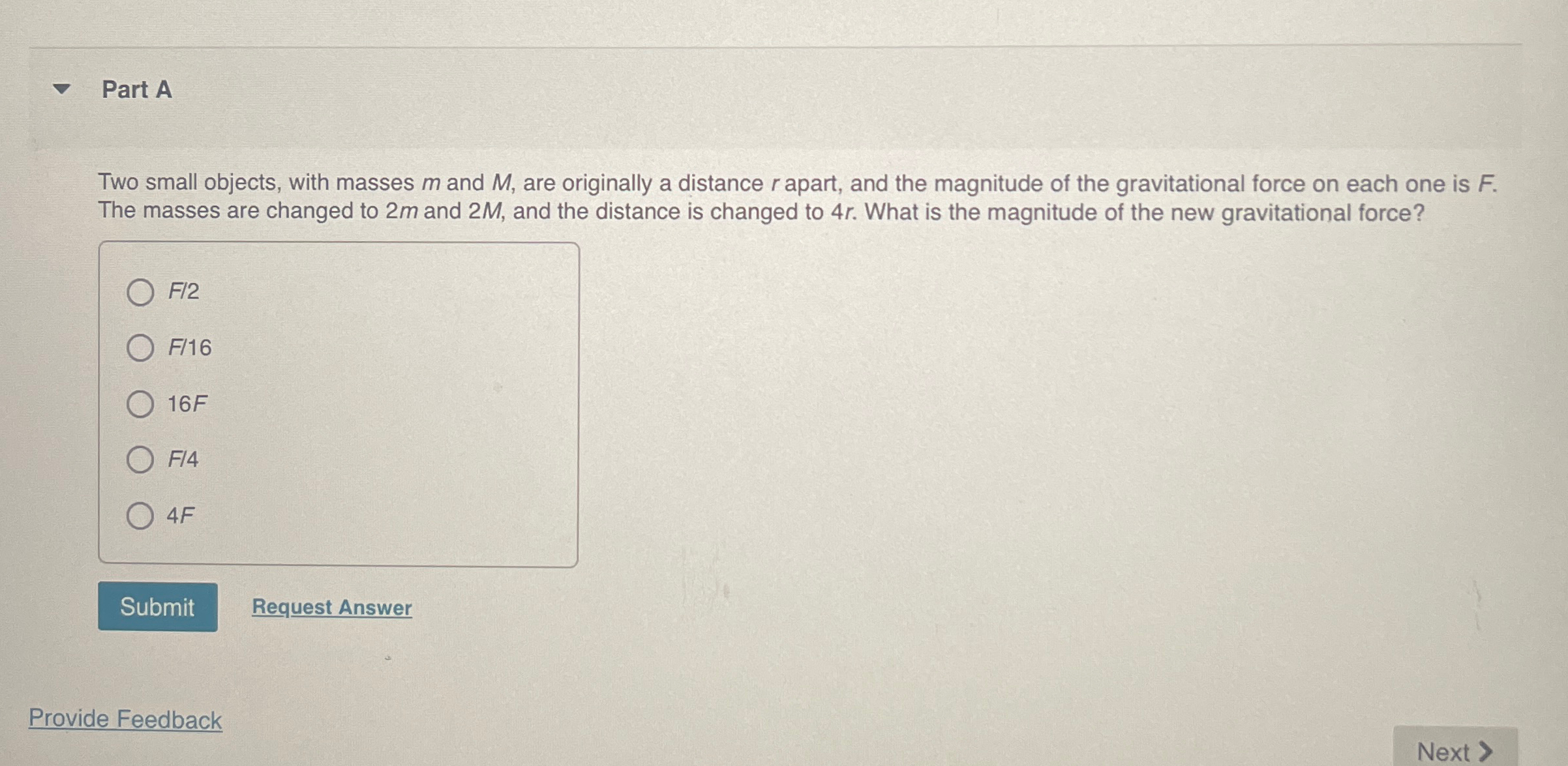 Solved Part A Two small objects, with masses m ﻿and M, ﻿are | Chegg.com