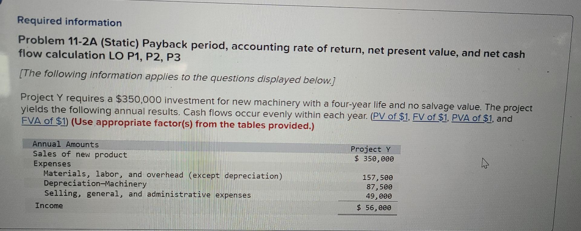 Solved Required information Problem 11-2A (Static) Payback | Chegg.com