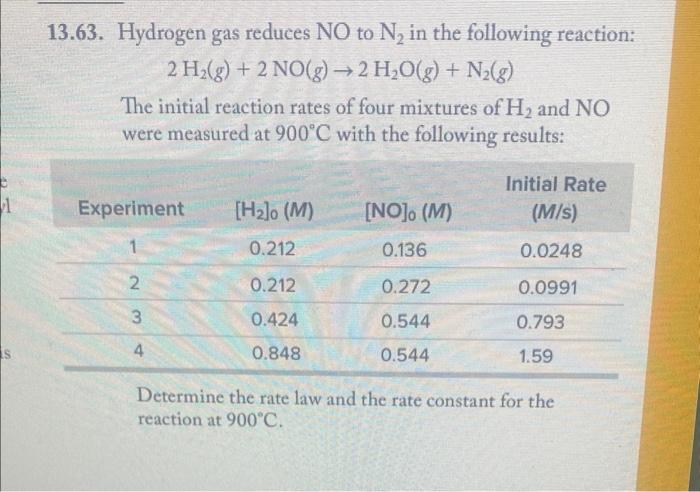 Solved 13.63. Hydrogen gas reduces NO to N2 in the following | Chegg.com