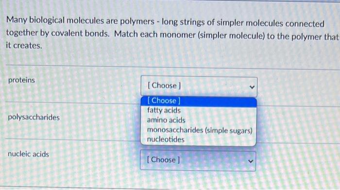 Solved Many biological molecules are polymers - long strings | Chegg.com