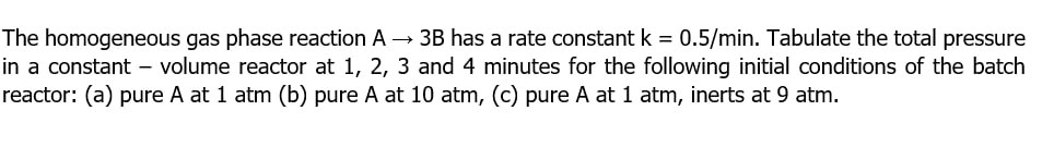 Solved The homogeneous gas phase reaction A→3B ﻿has a rate | Chegg.com