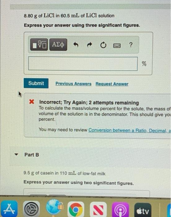 Solved 8.80 g of LiCl in 60.5 mL of LiCl solution Express | Chegg.com