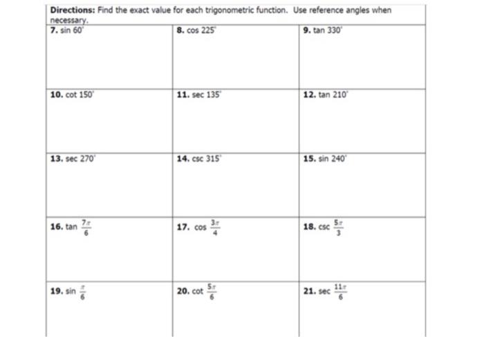 Solved Directions: Find the exact value for each | Chegg.com