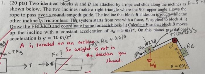 Solved 1. (20 pts) Two identical blocks A and B are attached | Chegg.com