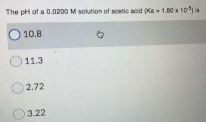 Solved The pH of a 0.0200 M solution of acetic acid (Ka = | Chegg.com