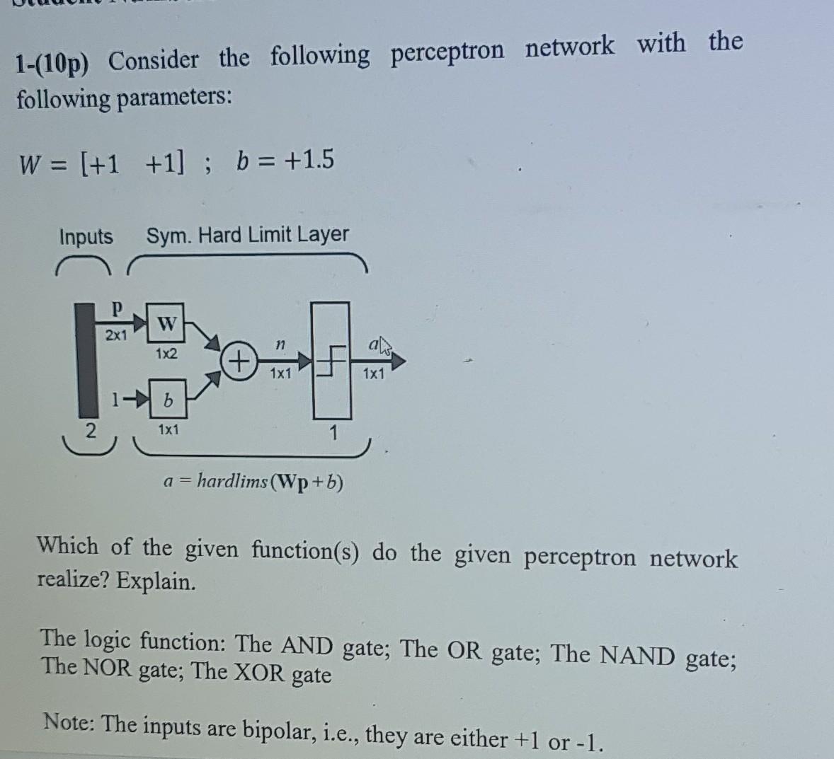 Solved 1-(10p) Consider the following perceptron network | Chegg.com