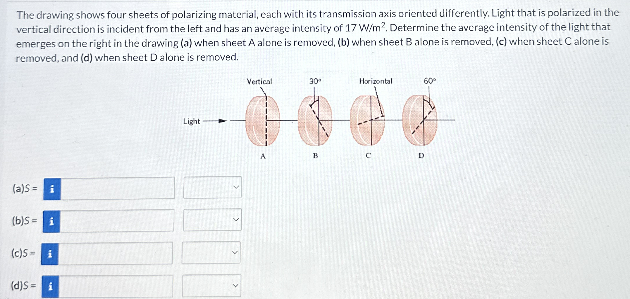 Solved The drawing shows four sheets of polarizing material, | Chegg.com