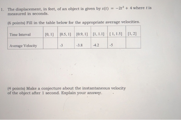 Solved 1. The displacement, in feet, of an object is given | Chegg.com