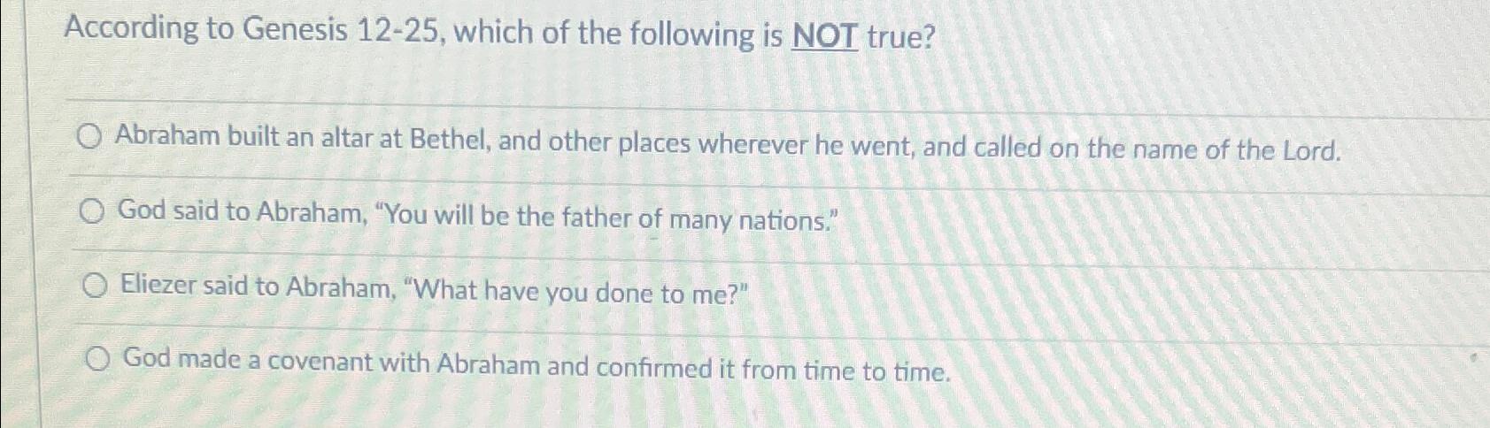 Solved According to Genesis 12-25, ﻿which of the following | Chegg.com