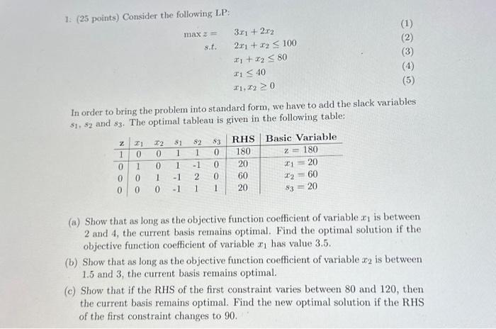 Solved 1: (25 points) Consider the following LP: maxz= s.t. | Chegg.com