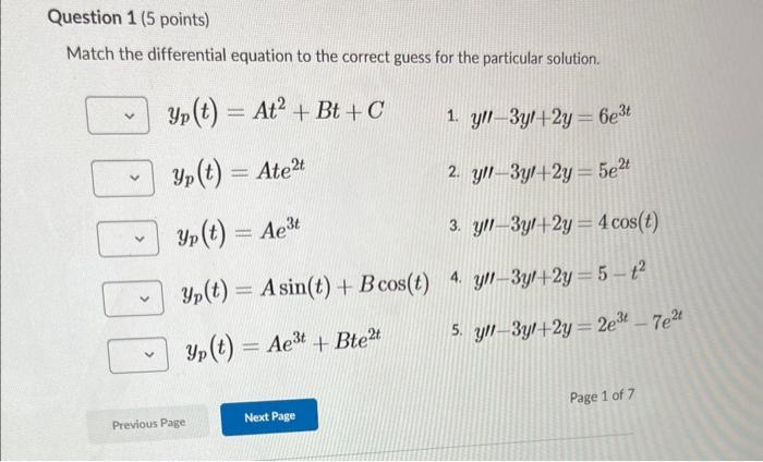 Solved Match the differential equation to the correct guess | Chegg.com