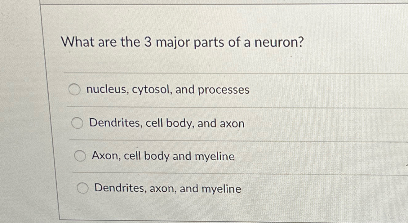 Solved What are the 3 ﻿major parts of a neuron?nucleus, | Chegg.com