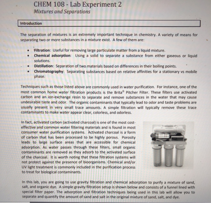 CHEM 108 - Lab Experiment 2 Mixtures and Separations | Chegg.com