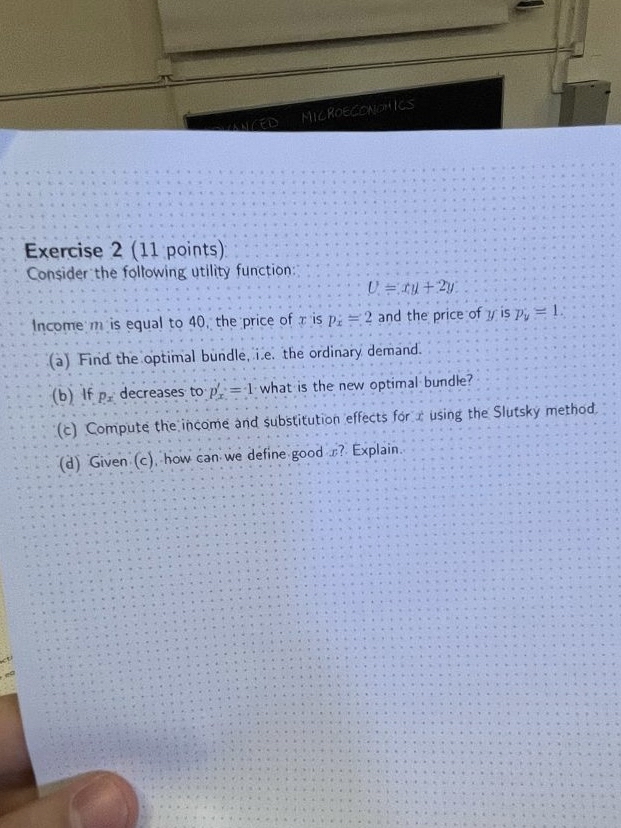 Solved Exercise 2 (11 ﻿points)Consider the following utility | Chegg.com