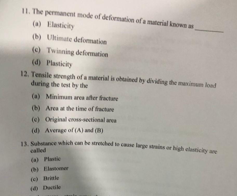 Solved 11. The permanent mode of deformation of a material | Chegg.com