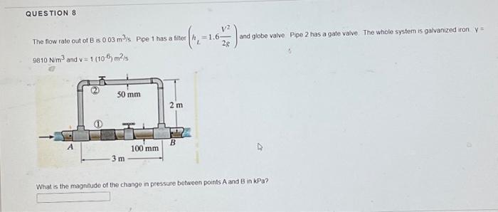 Solved QUESTION 8 The flow rate out of B is 0.03 m3/s Pipe 1 | Chegg.com