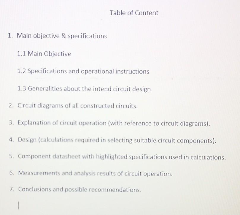 Solved Table of Content 1. Main objective & specifications | Chegg.com