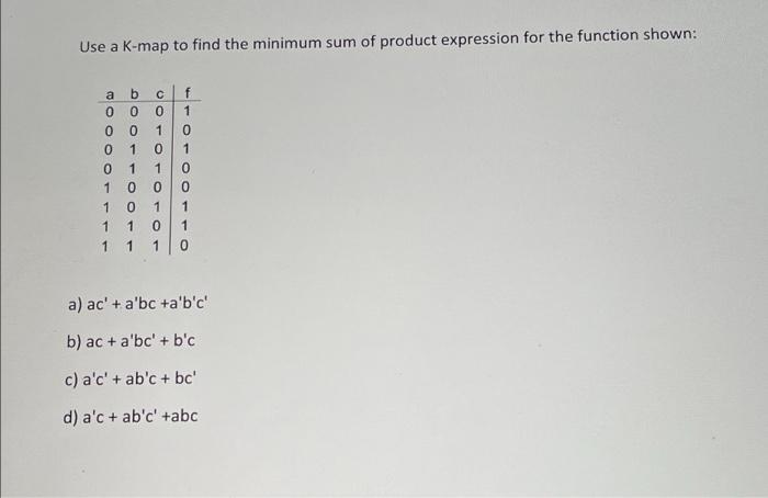 Solved Use a K-map to find the minimum sum of product | Chegg.com