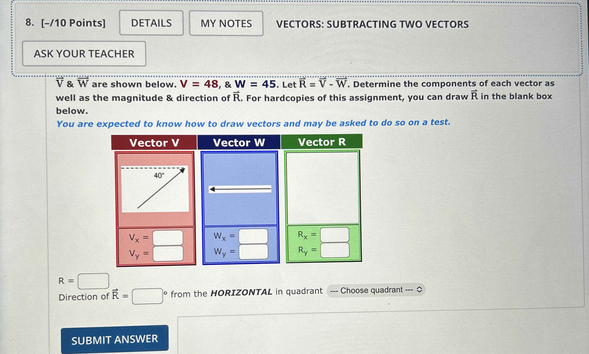 Solved [-/10 ﻿Points]VECTORS: SUBTRACTING TWO VECTORSvec(V) | Chegg.com