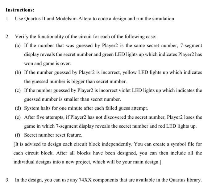 Instructions: 1. Use Quartus II and Modelsim-Altera | Chegg.com