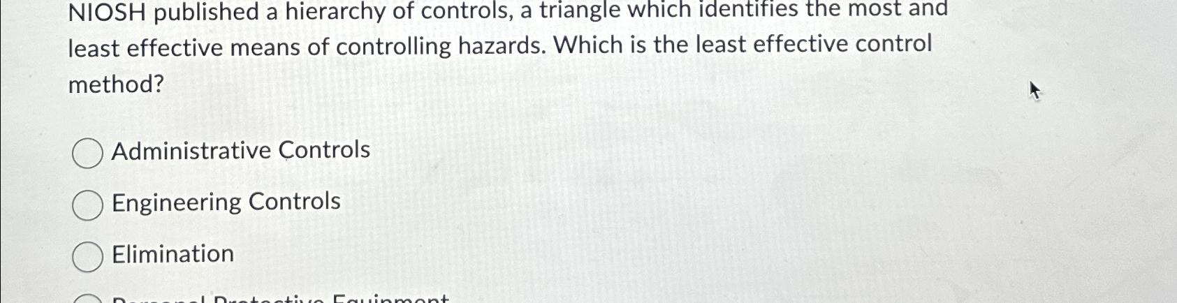 Solved NIOSH published a hierarchy of controls, a triangle | Chegg.com