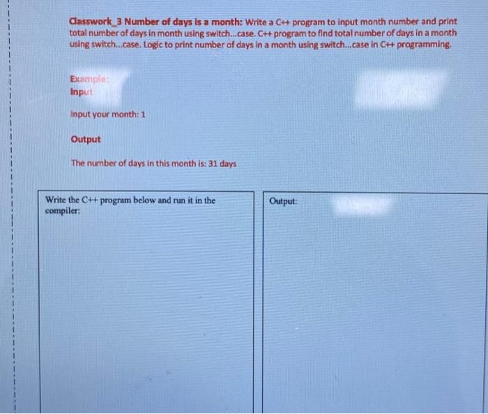 Solved Classwork_3 Number of days is a month: Write a CH | Chegg.com