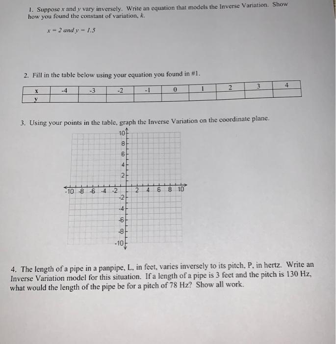 Solved 1. Suppose x and y vary inversely. Write an equation | Chegg.com