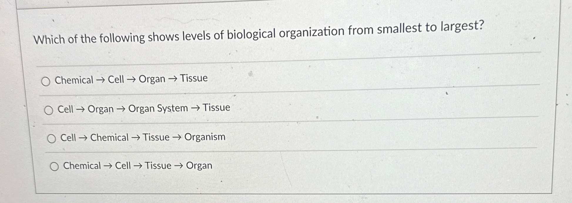 Solved Which of the following shows levels of biological | Chegg.com