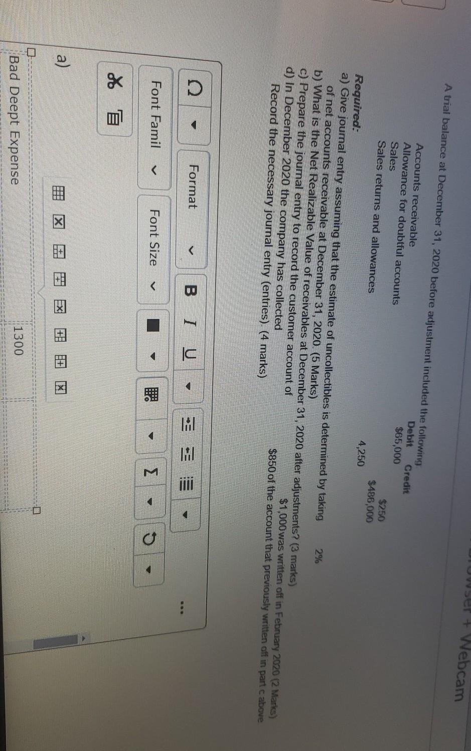 Solved Drowser + Webcam A trial balance at December 31, 2020 | Chegg.com