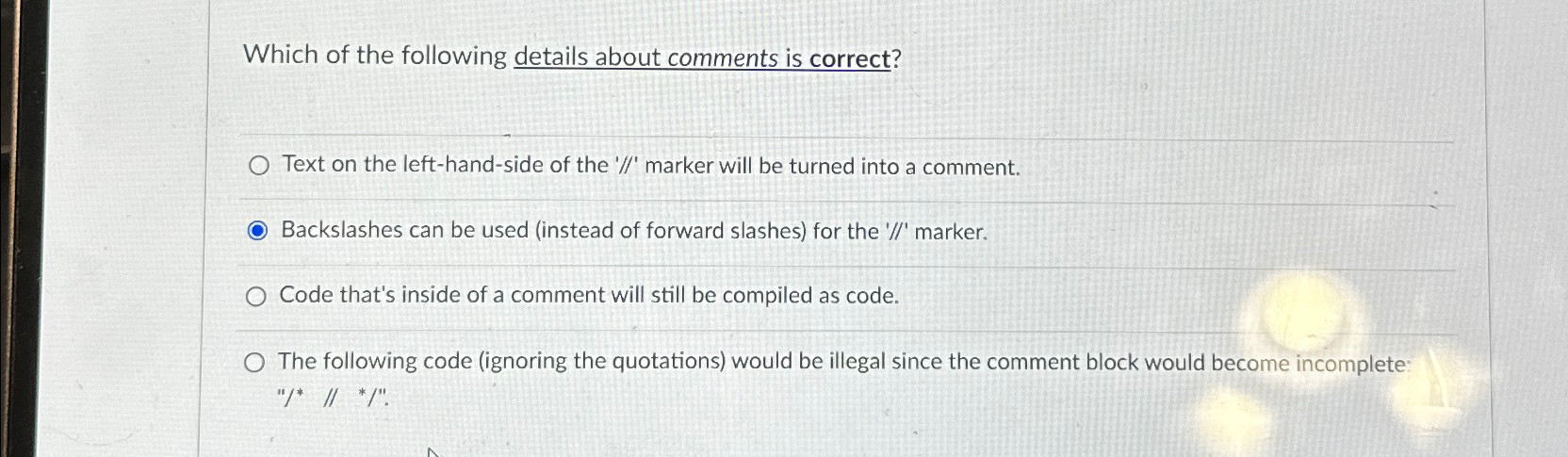 Solved Which of the following details about comments is | Chegg.com