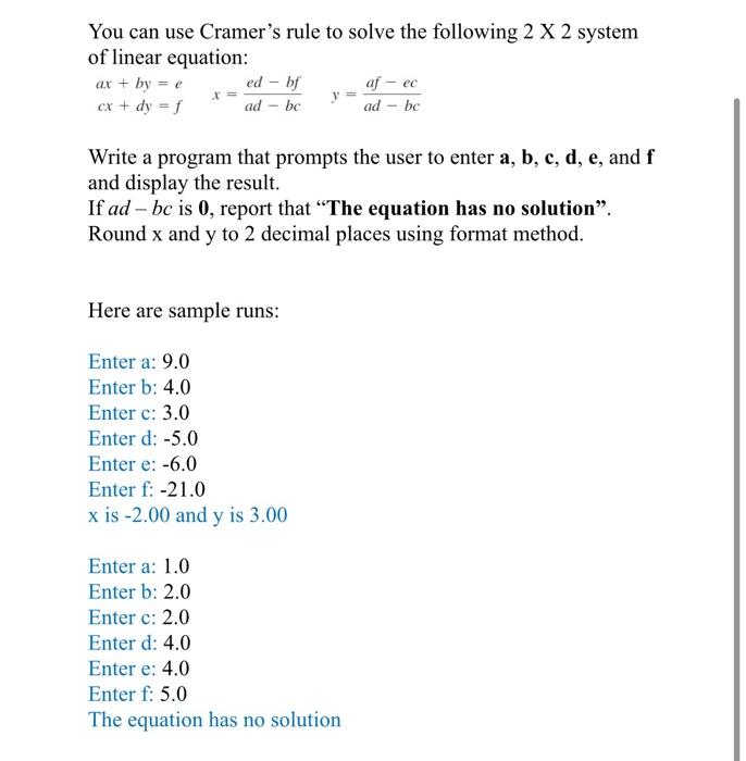 Solved You can use Cramer's rule to solve the following 2×2 | Chegg.com