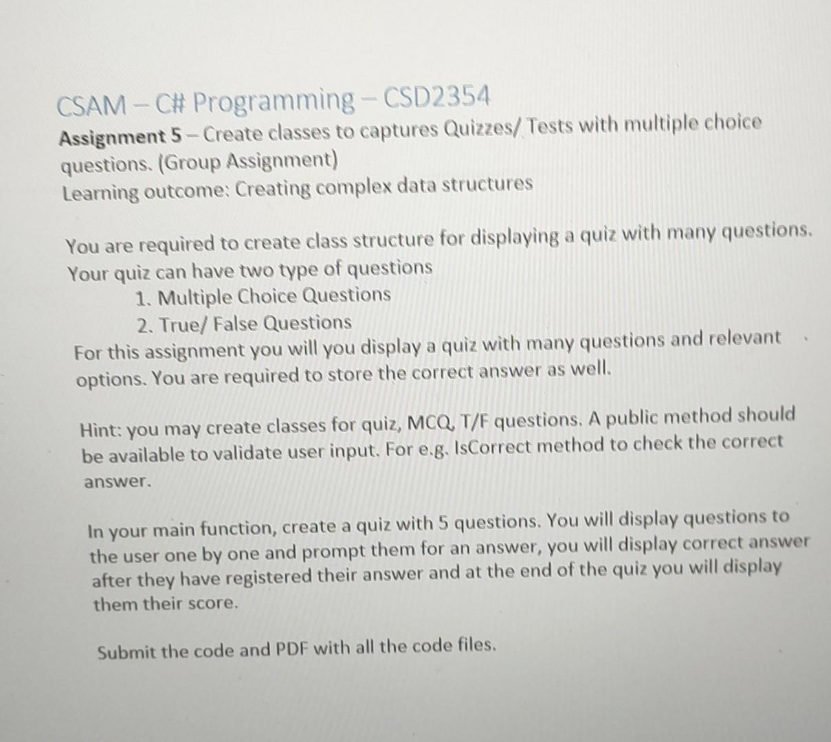 Solved CSAM - CH Programming - CSD2354 Assignment 5 - Create | Chegg.com