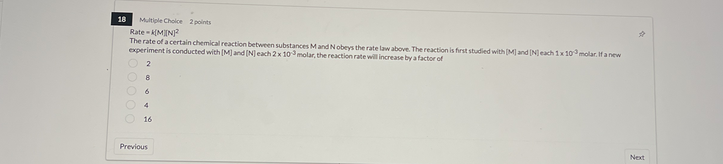 Solved Multiple Choice2 ﻿pointsRate =k[M][N]2The rate of a | Chegg.com