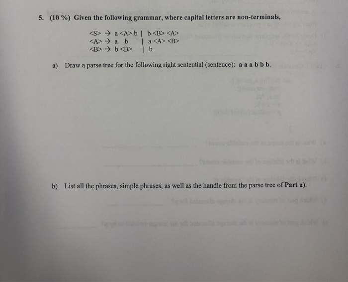 Solved 5. (10 %) Given the following grammar, where capital | Chegg.com