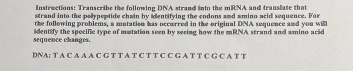 Solved Instructions: Transcribe the following DNA strand | Chegg.com