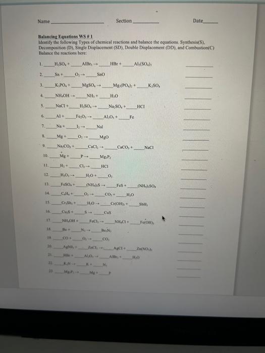 Solved Name 1 Balancing Equations WS # 1 Identify the | Chegg.com