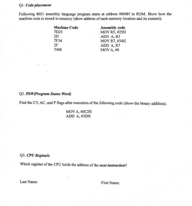 Solved Q1. Code placement Following 8051 assembly language | Chegg.com