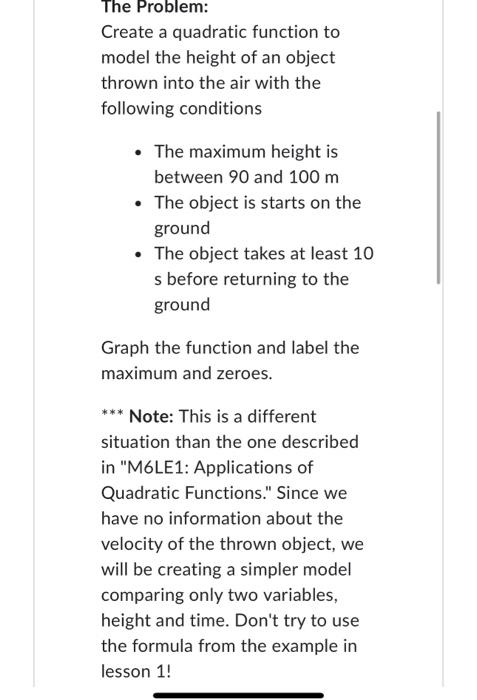 Solved The Problem: Create a quadratic function to model the | Chegg.com