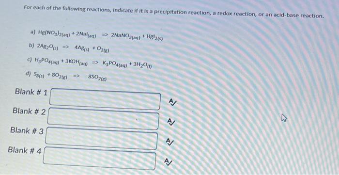 Solved For each of the following reactions, indicate if it | Chegg.com